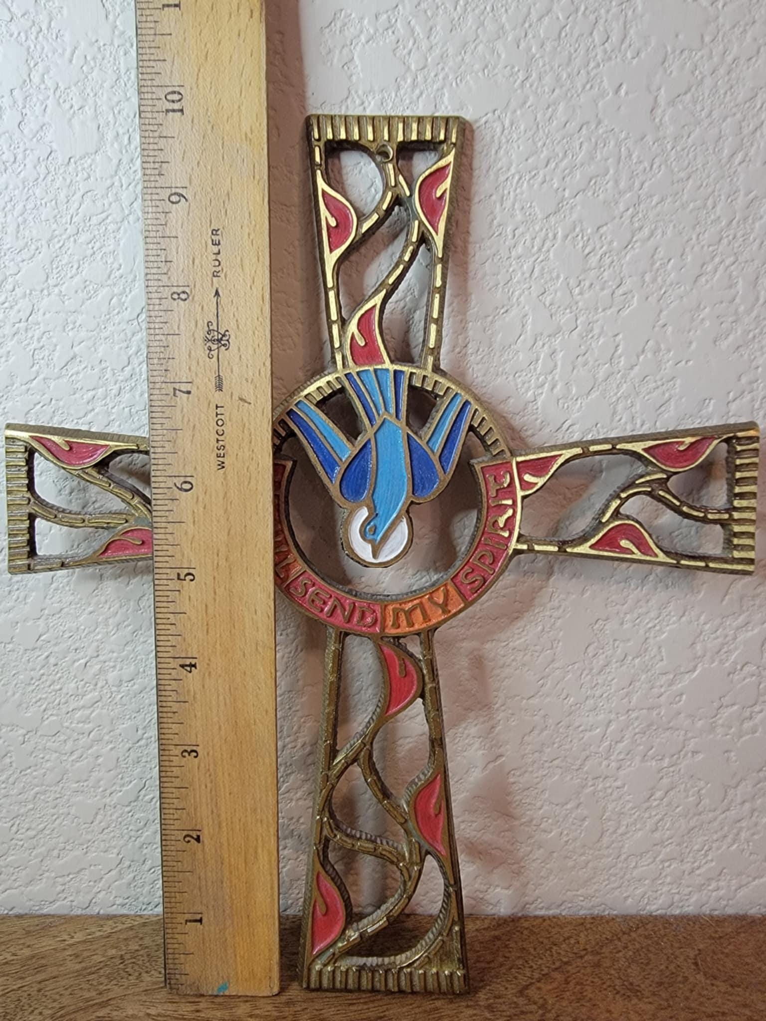 Vintage Terra Sancta Guild Cross Dove Brass Enamel Red Blue White Wall ...