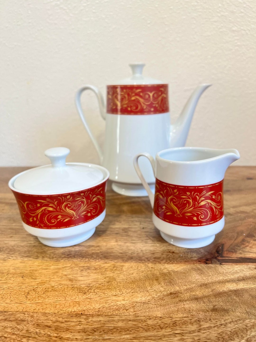 Jcpenney Chris Madden Montalira Maroon Gold 3 Piece Coffee or Tea Set ...