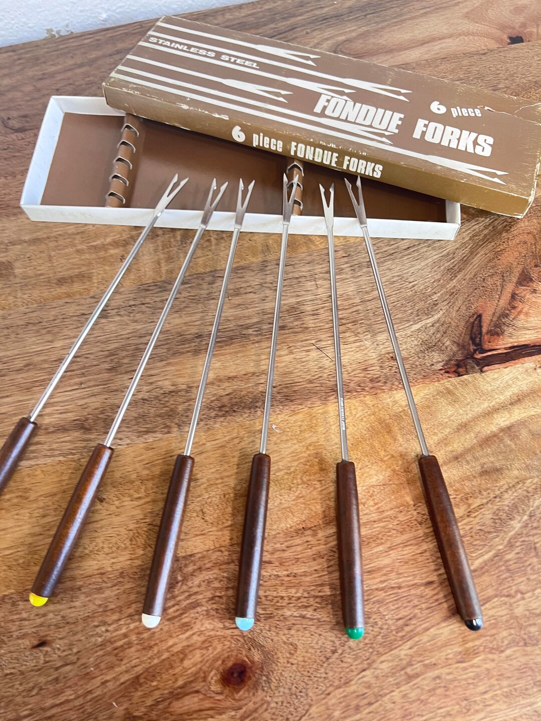 Mid Century Fondue Forks Stainless Steel 6 Forks Wood Handles ,new in ...