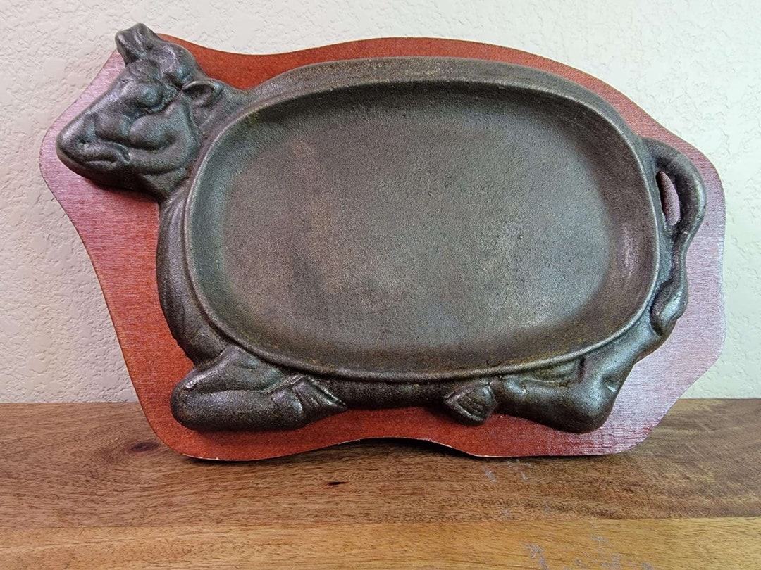 Vintage Bull Cow Cast Iron & Wood Steak Plate/ Bull Sizzler Serving ...