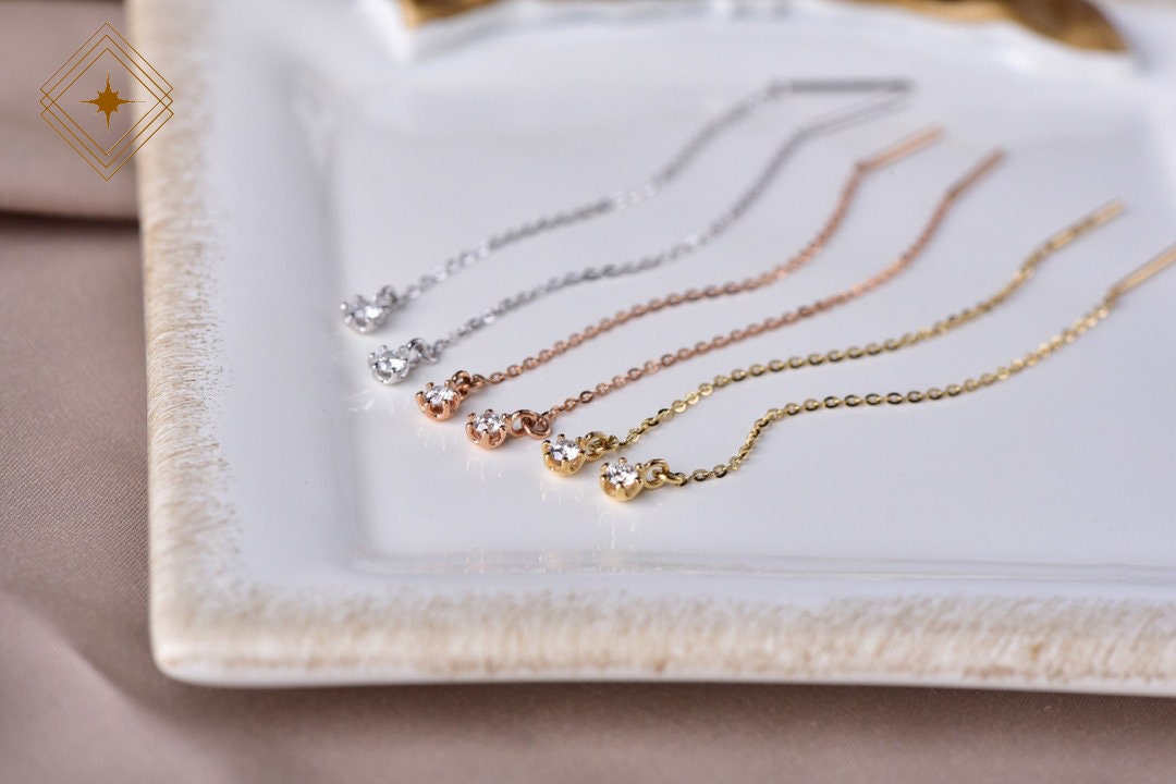 Diamond Threader Earrings 18k Solid Gold, Delicate Chain Earrings ...