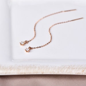 Diamond Threader Earrings 18k Solid Gold, Delicate Chain Earrings ...