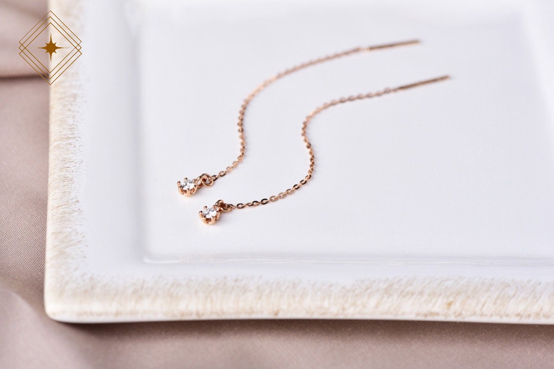 Diamond Threader Earrings 18k Solid Gold, Delicate Chain Earrings ...