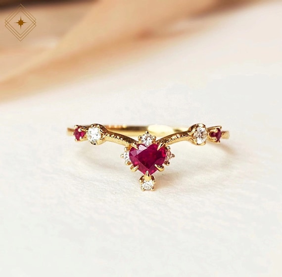 Curved Nature Red Ruby Heart Engagement Ring Diamond Promise - Etsy