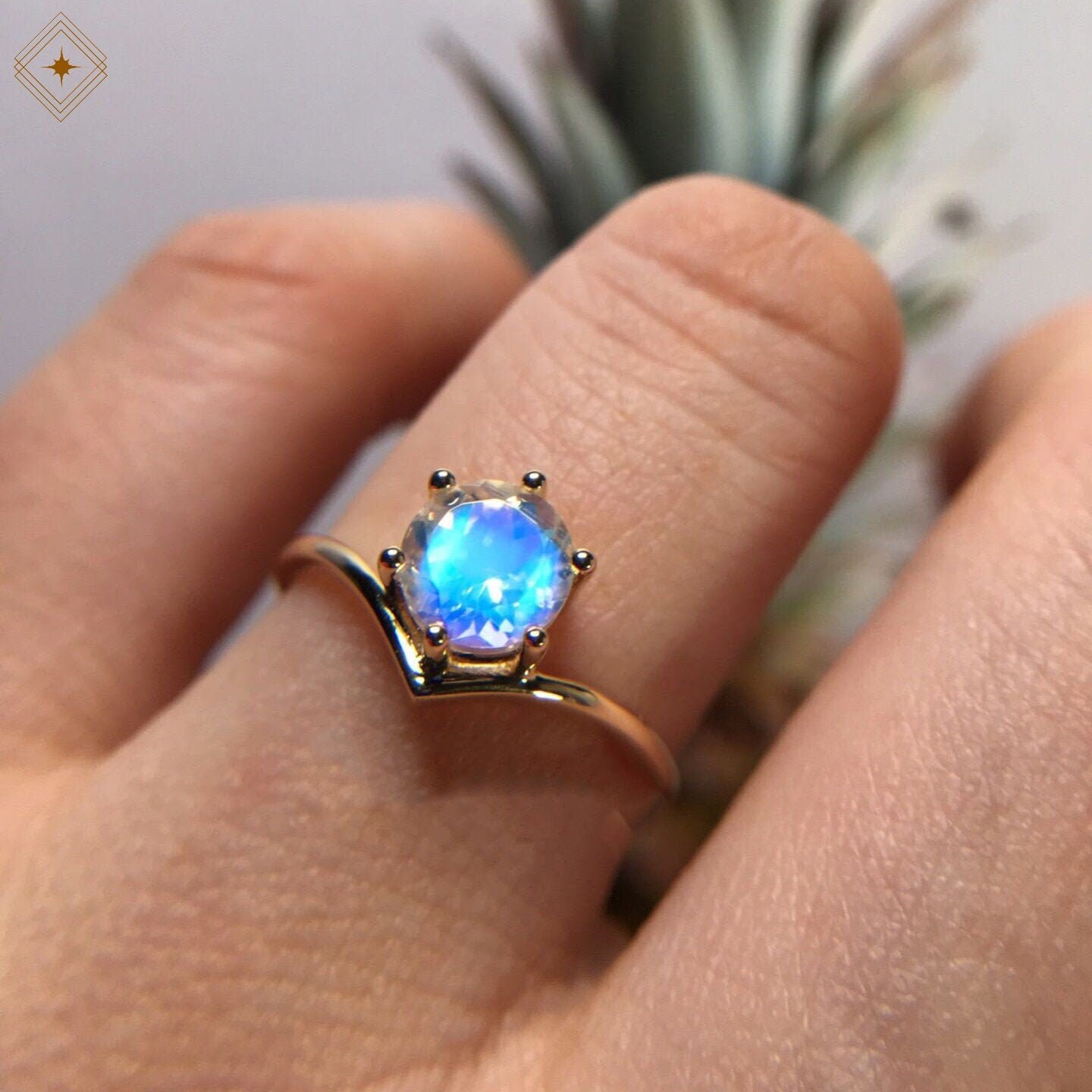 V Shape Round Solitaire Moonstone Engagement Ring 14k 18k Gold, Rainbow ...