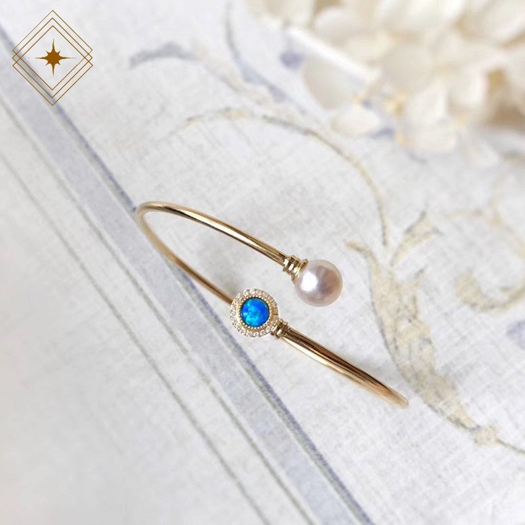 Opal Akoya Pearl Gold Cuff Bracelet, Diamond 14k 18k Gold Bangle Multi ...