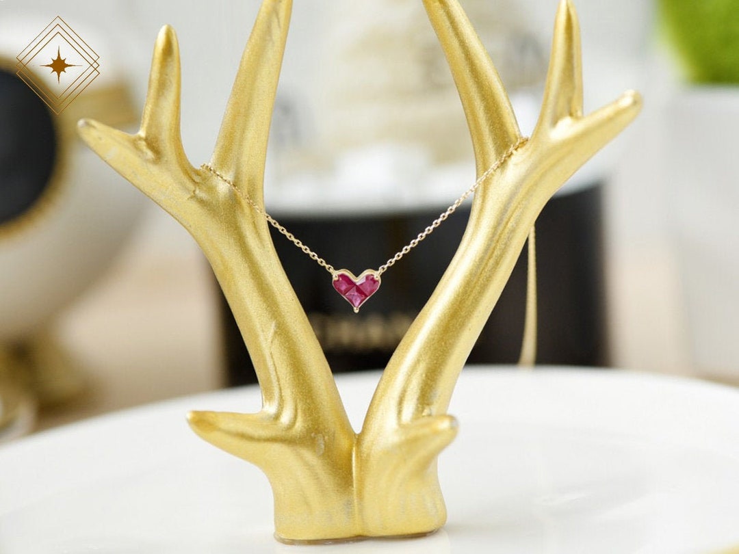 Pink Ruby Heart Charm 18k Gold Necklace,mini Heart Red Gemstone Choker ...