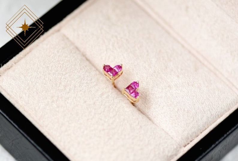 Mini Pink Ruby Heart Stud Earrings Boho 14k 18k Solid Gold - Etsy