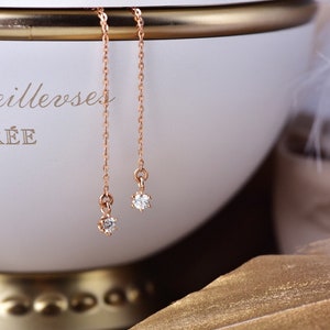 Diamond Threader Earrings 18k Solid Gold, Delicate Chain Earrings ...