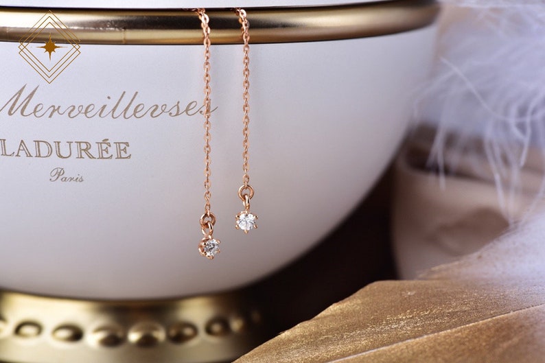 Diamond Threader Earrings 18k Solid Gold, Delicate Chain Earrings ...