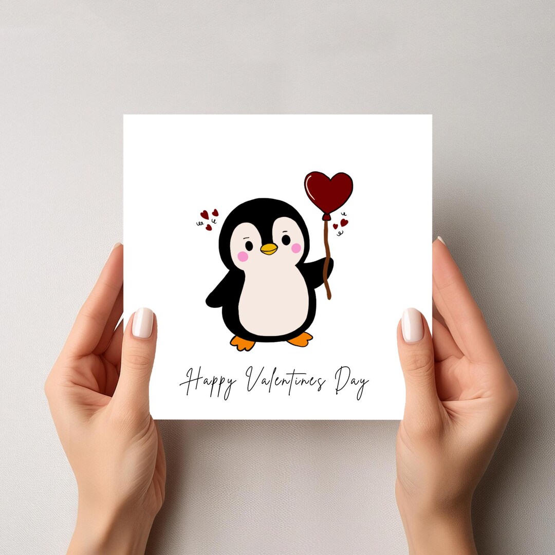Penguin Holding a Heart Balloon Valentines Day Card, Penguin Valentines ...