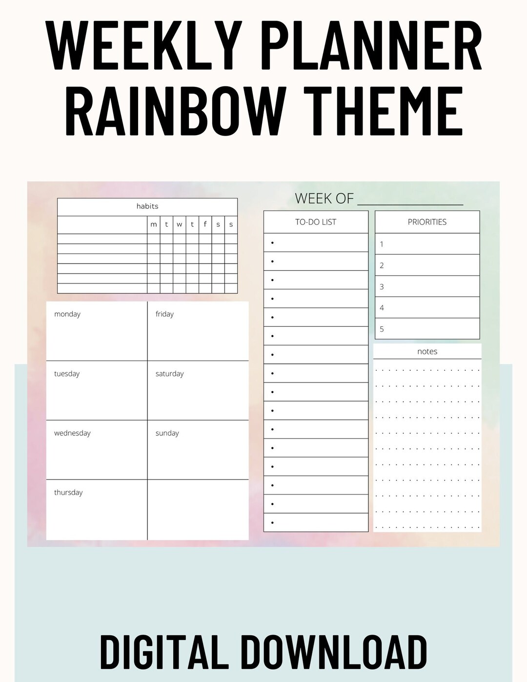 Printable Weekly Planner 8.5x11 - DIGITAL DOWNLOAD - Rainbow Design - Etsy