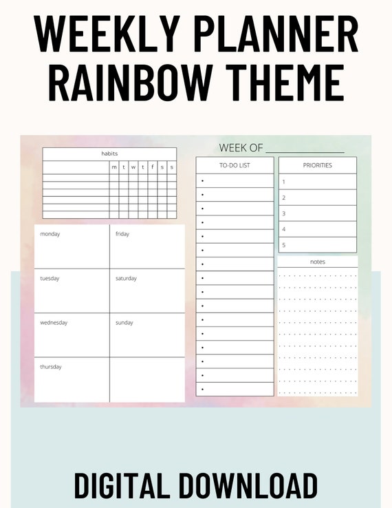 Printable Weekly Planner 8.5x11 DIGITAL DOWNLOAD Rainbow - Etsy