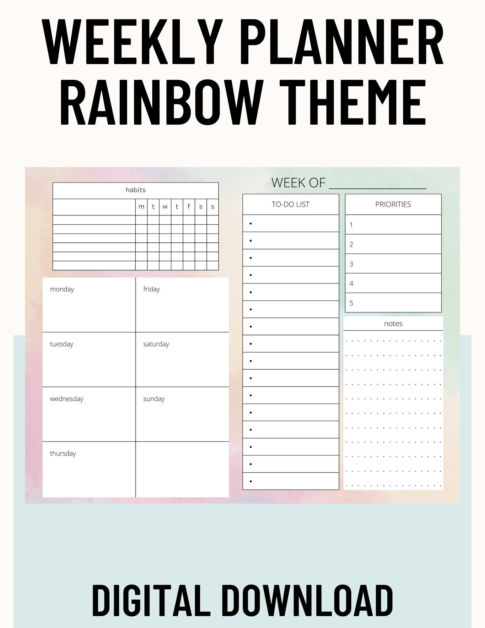 Printable Weekly Planner 8.5x11 - DIGITAL DOWNLOAD - Rainbow Design - Etsy