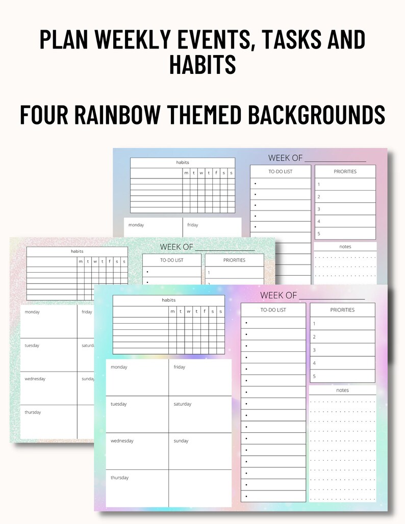 Printable Weekly Planner 8.5x11 - DIGITAL DOWNLOAD - Rainbow Design - Etsy