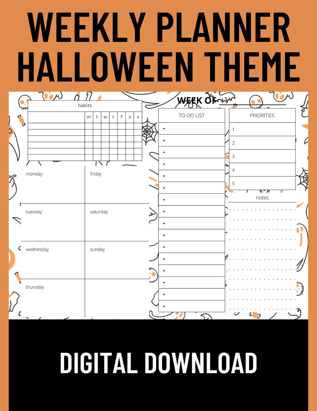 Printable Weekly Planner 8.5x11 DIGITAL DOWNLOAD Halloween Theme Design ...