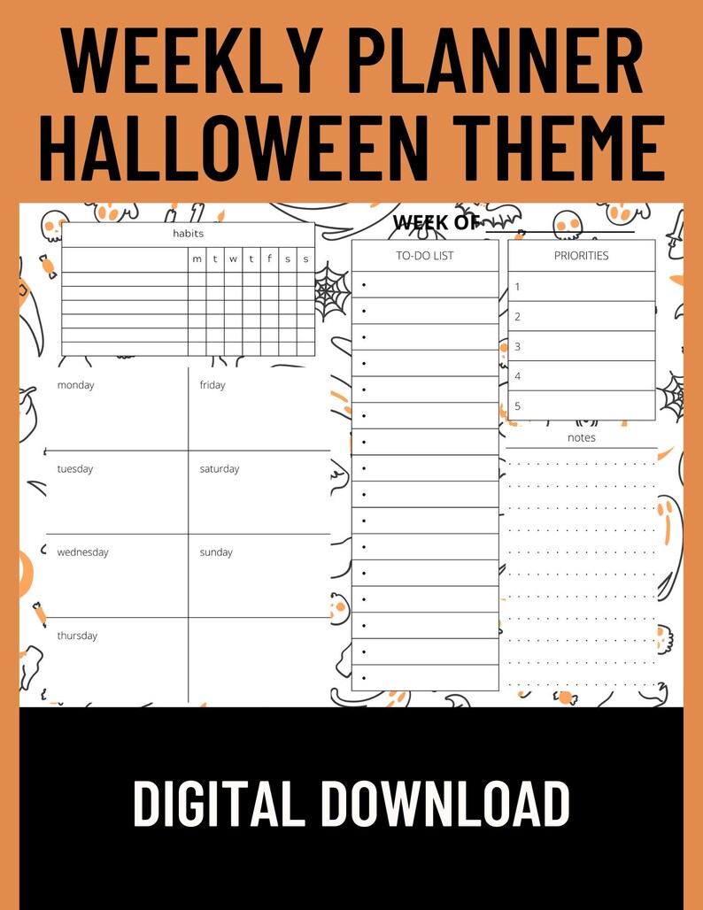 Printable Weekly Planner 8.5x11 DIGITAL DOWNLOAD Halloween Theme Design ...