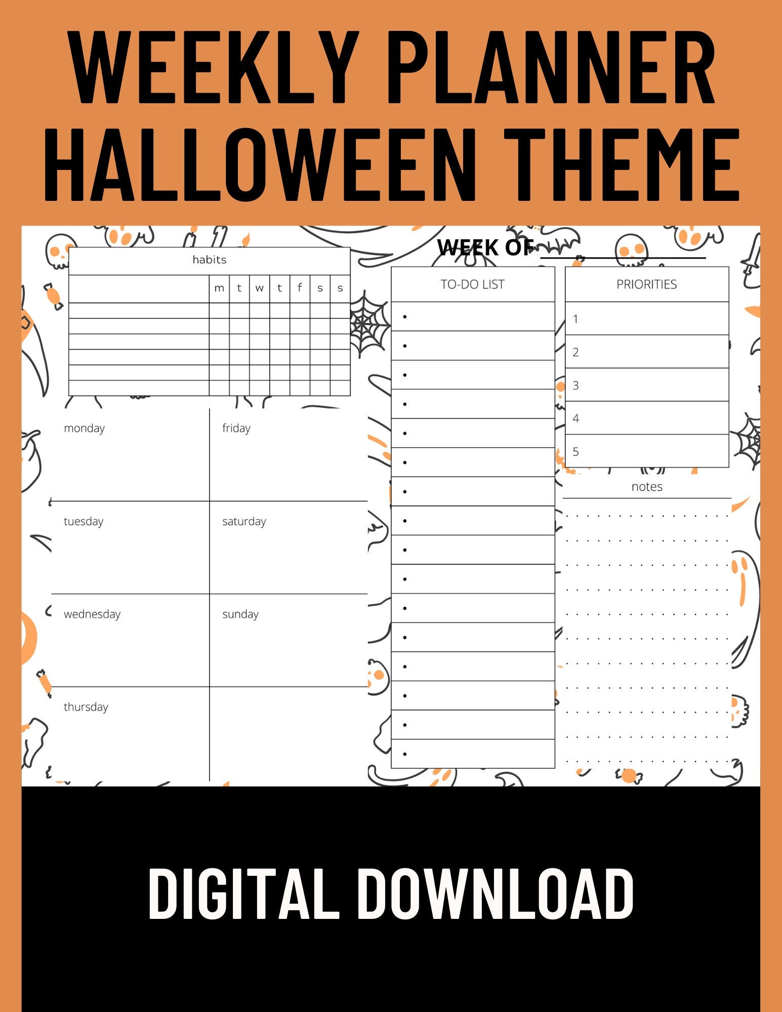 Printable Weekly Planner 8.5x11 DIGITAL DOWNLOAD Halloween Theme Design ...