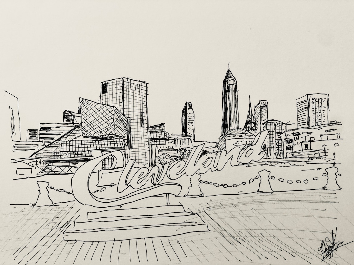 Hand Sketch of Cleveland Ohios Famous Skyline From Across the Water - Etsy