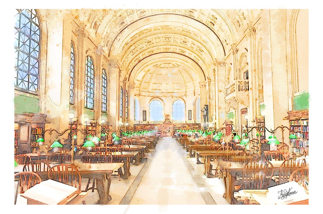 Boston Public Library Historic Interior ( Watercolor Painting With ...