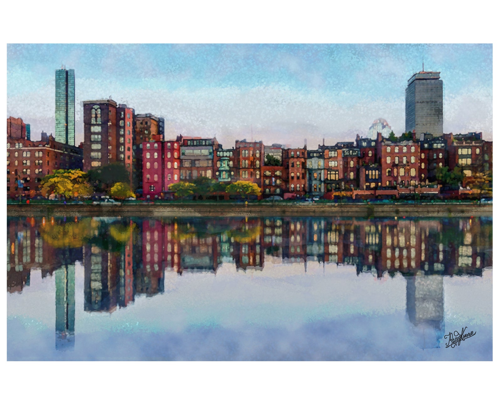 Boston Back Bay Skyline Across the Charles ( Print of Handmade Painting ...