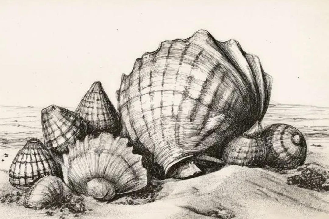 Historic Seashells Detailed Ink Sketch - Nautical Artwork -great Gift ...