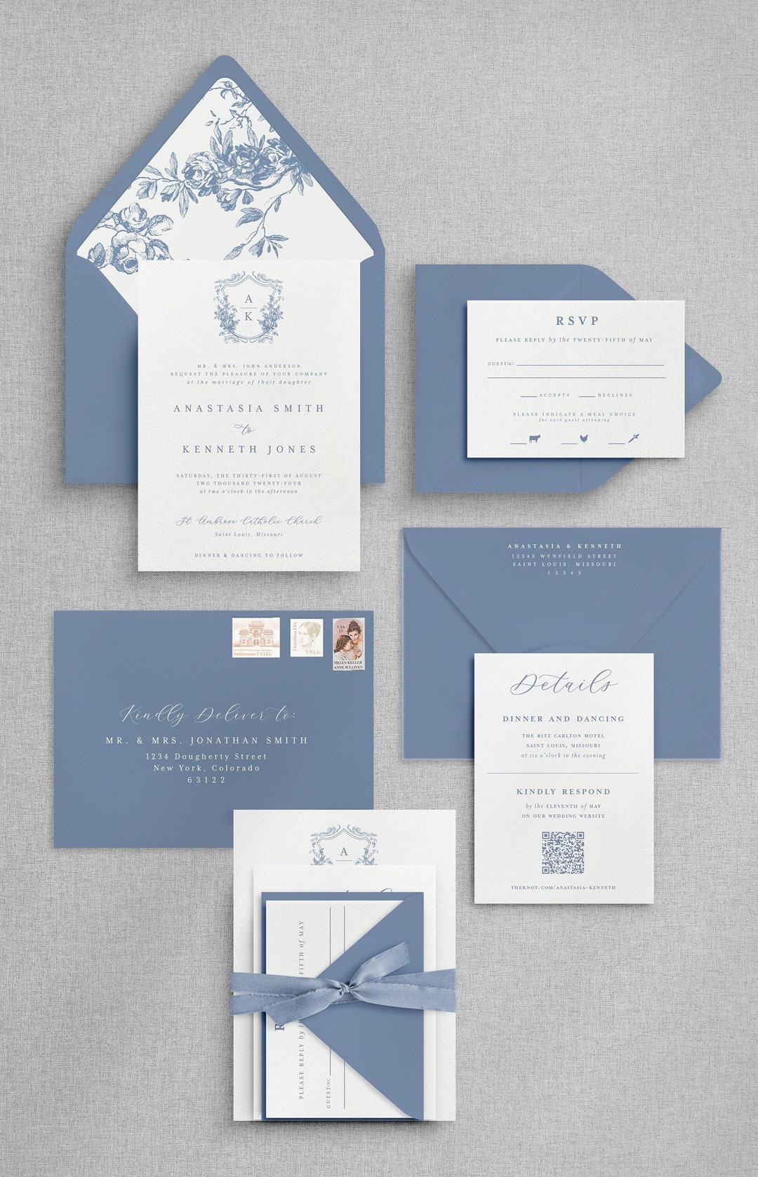 Classic Blue Wedding Invitation Elegant Timeless Invitation Suite Custom Monogram & Floral ...