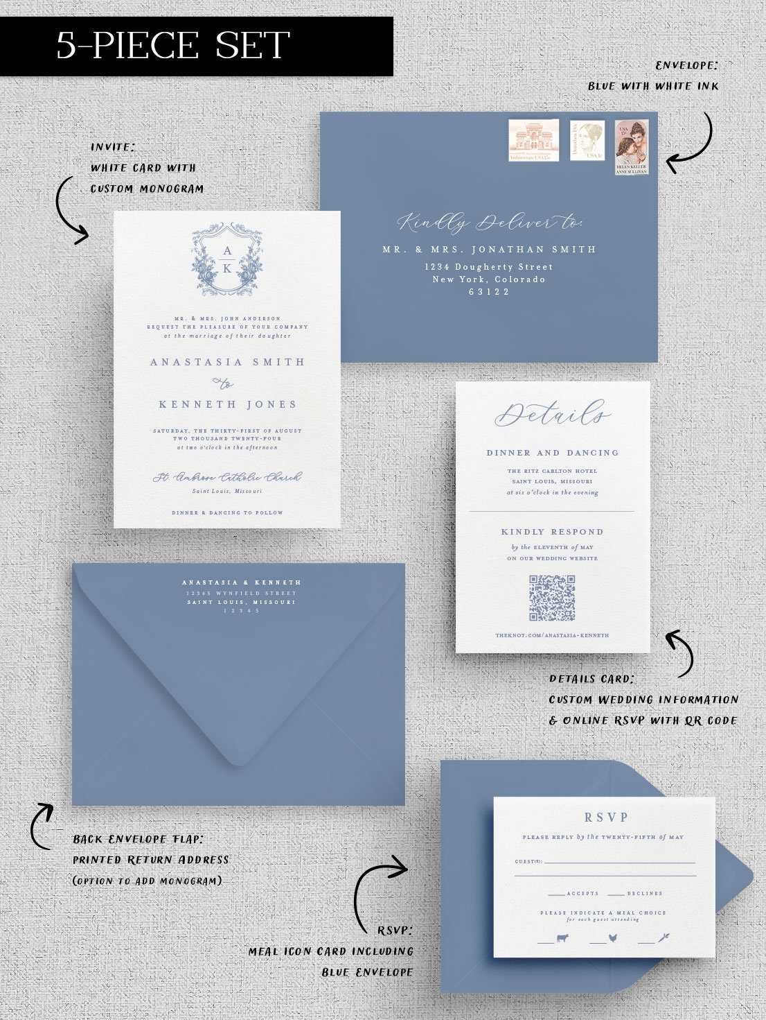Classic Blue Wedding Invitation Elegant Timeless Invitation Suite ...