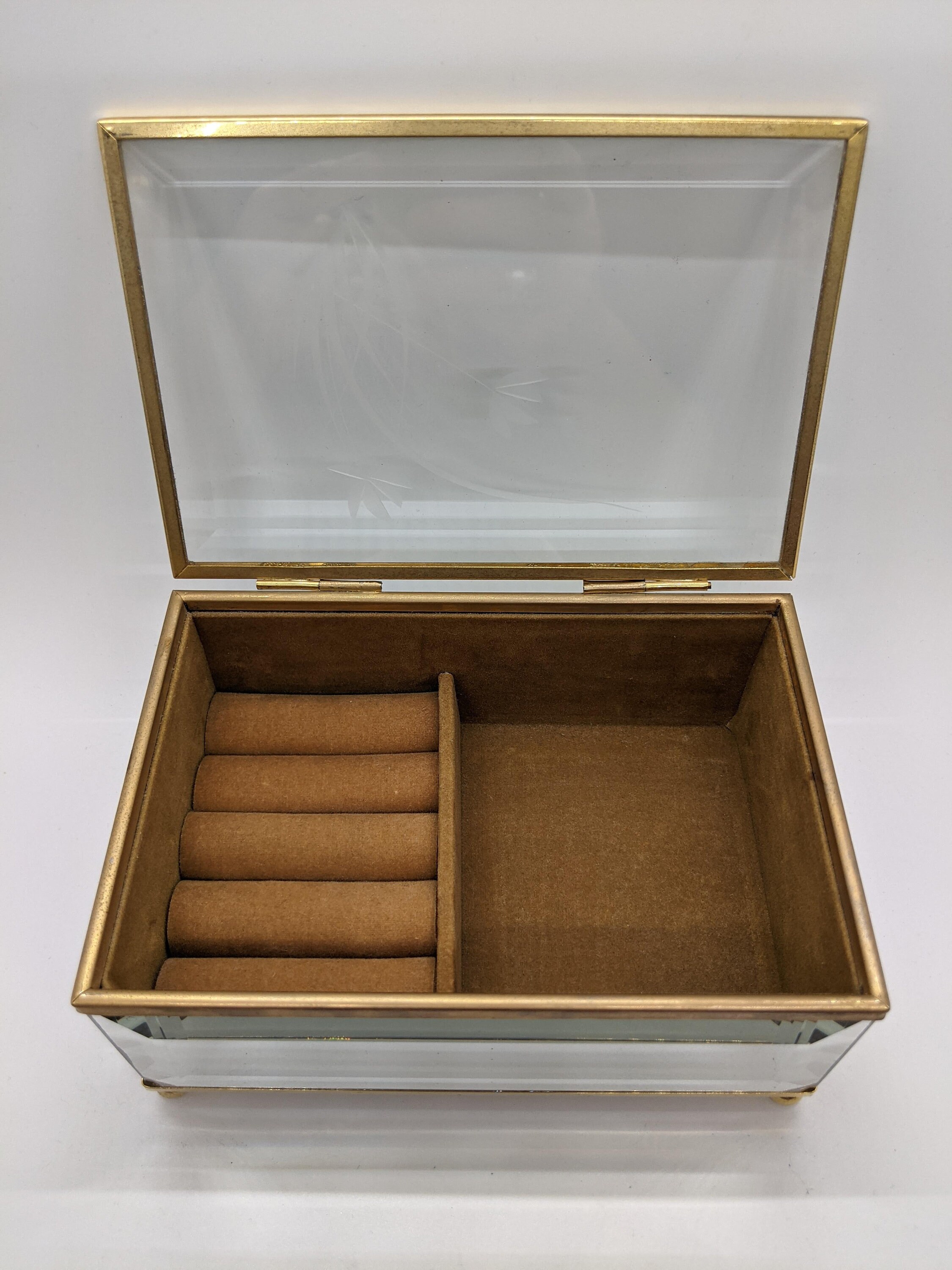 Beveled Glass Jewelry Box With Etched Lid and Gold Velvet - Etsy