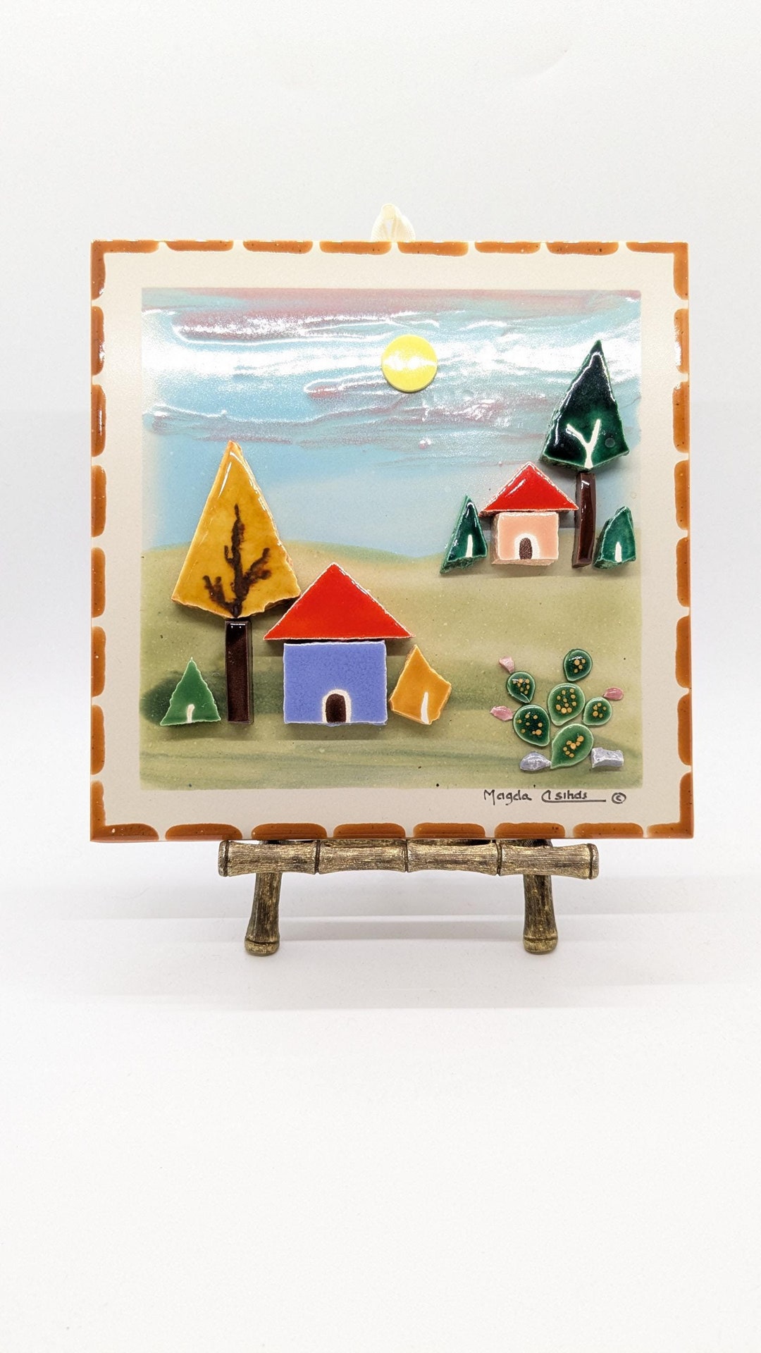 Magda Csihas Decorative Ceramic Tile Depicting Casitas or Little Houses ...