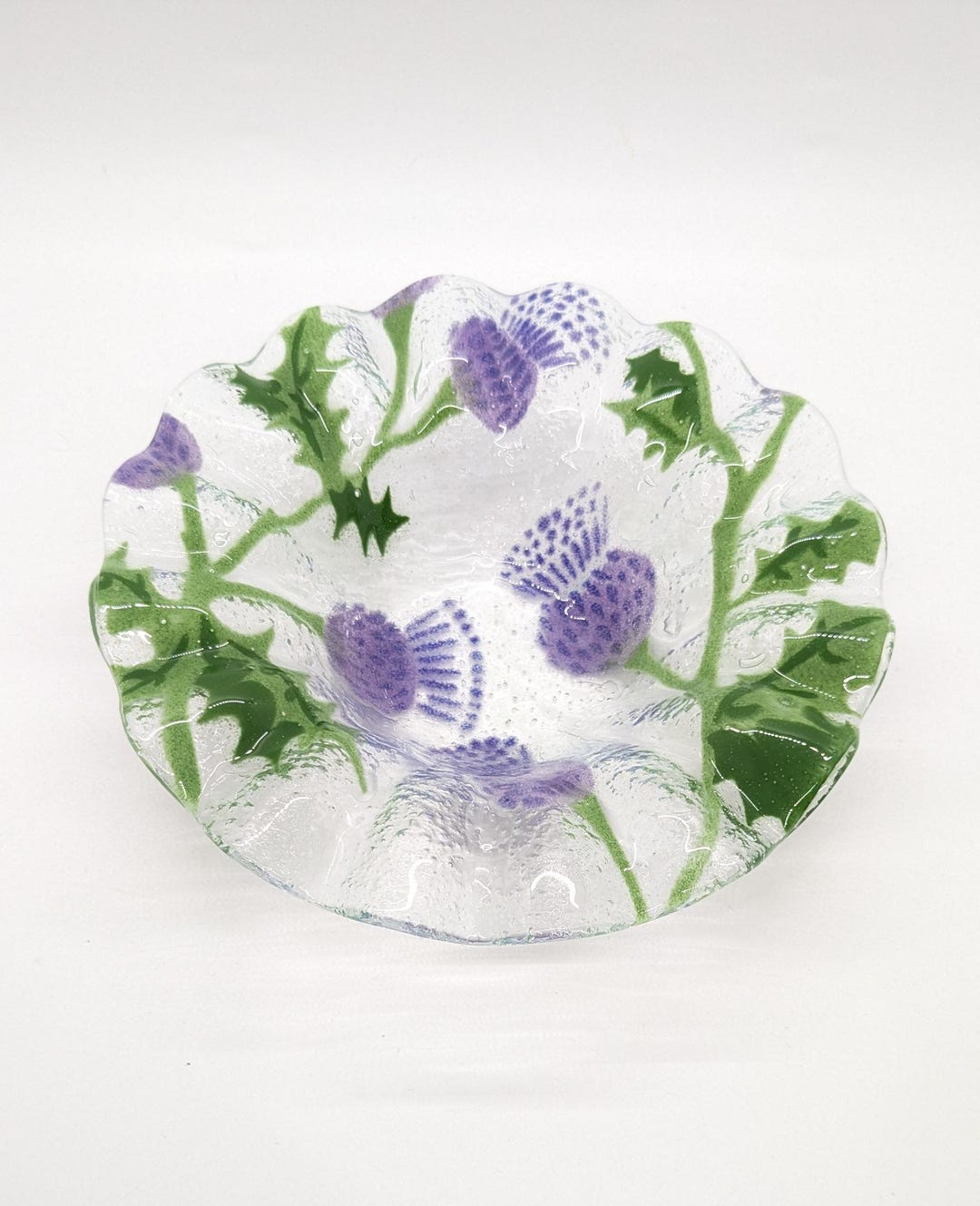 Anne C Ross Fused Glass Ruffled Edge Bowl With Thistle Pattern Art ...