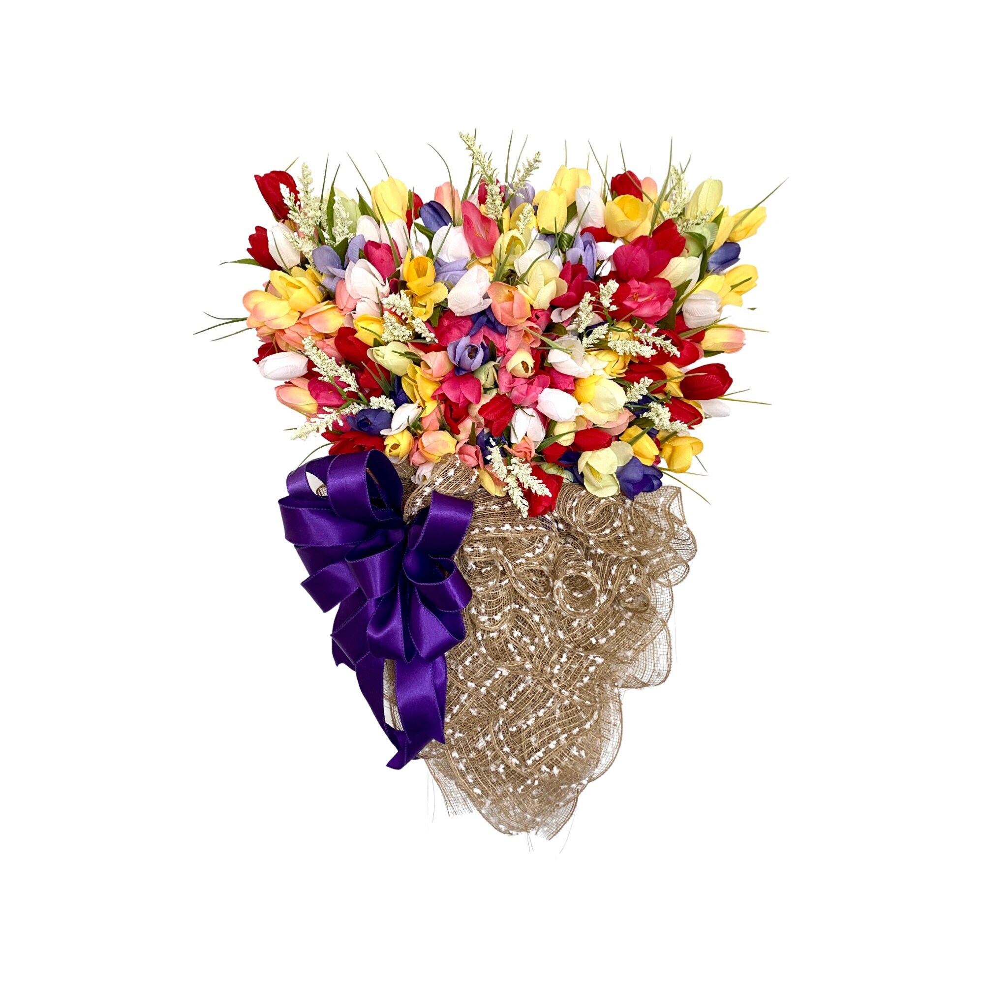 Tulip Bouquet Wreath, Floral Wreath With Pom Pom Deco Mesh, Spring ...