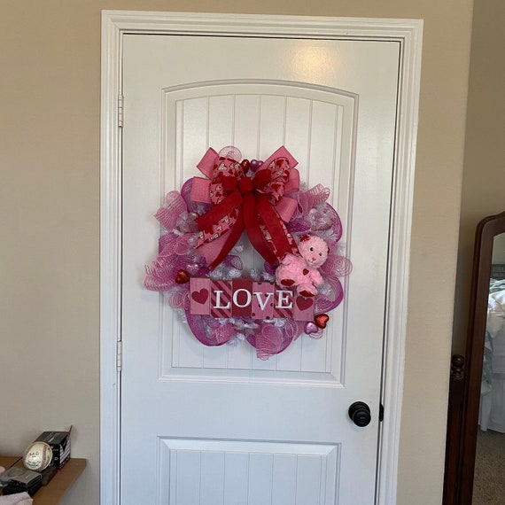 Valentines Day wreath with Love sign and Pink Teddy Bear Pink | Etsy