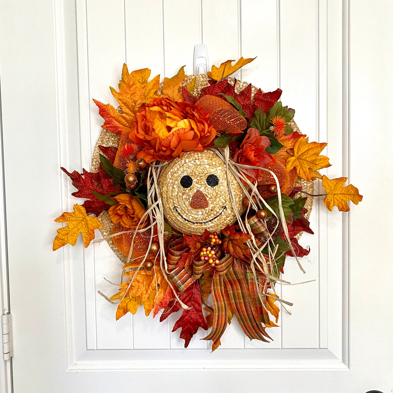 Fall Scarecrow Face Wreath, Straw Hat Door Hanger, Front Door Pumpkin ...