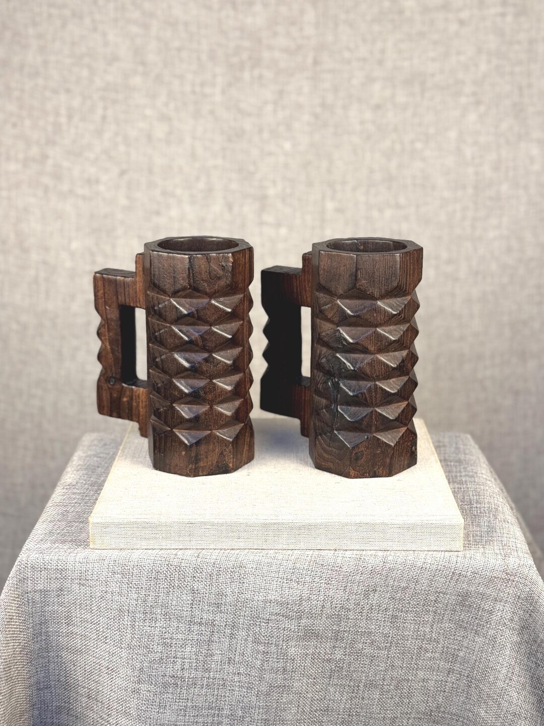 Pair of Spanish Brutalist Carved Wood Tankards | Vintage Chunky Wooden ...