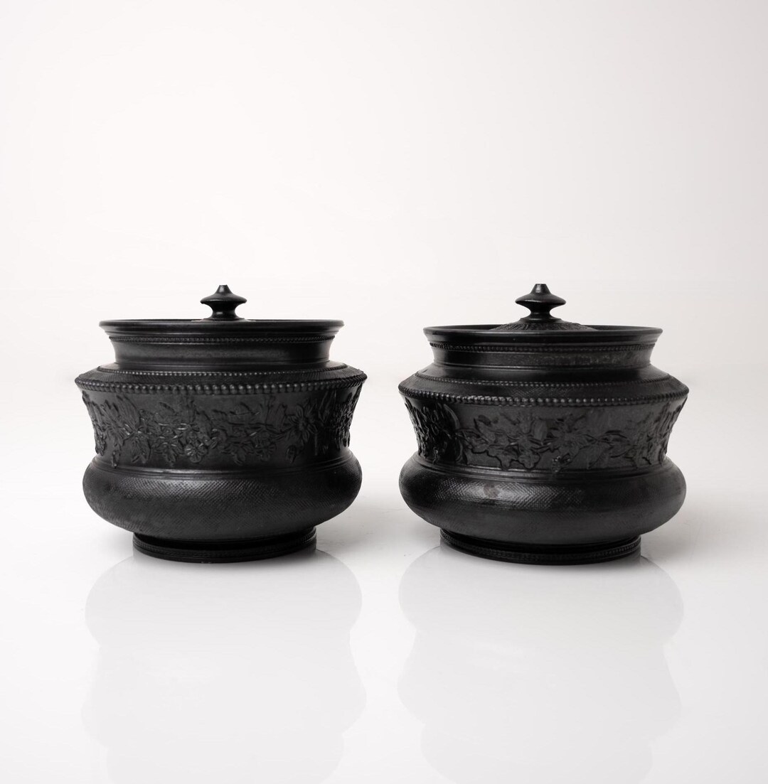 Antique Black Basalt Pots | 19th Century Lidded Pots | Old English ...