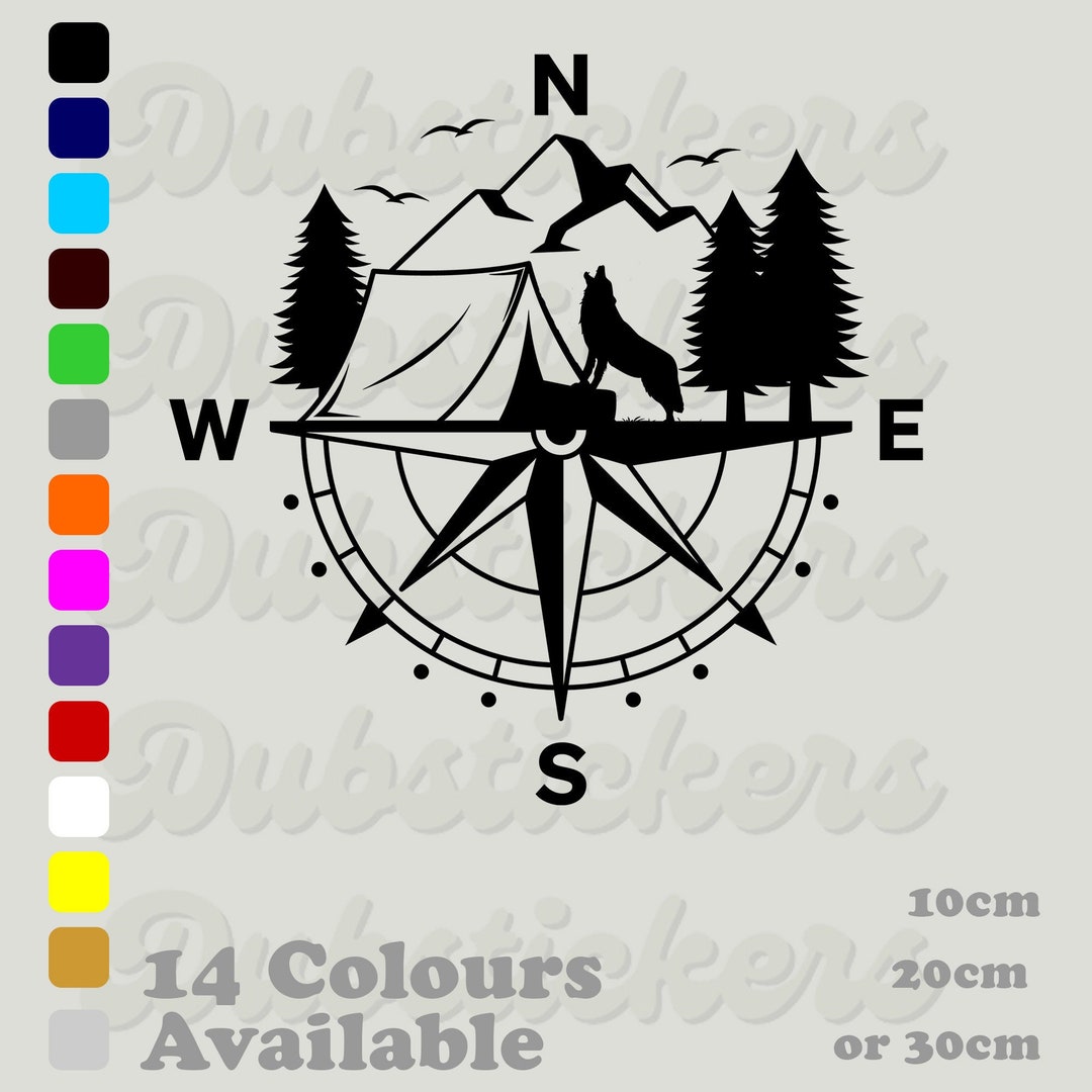 Compass With Wolf Tent & Mountains Decal Vanlife Campervan Car Decal ...
