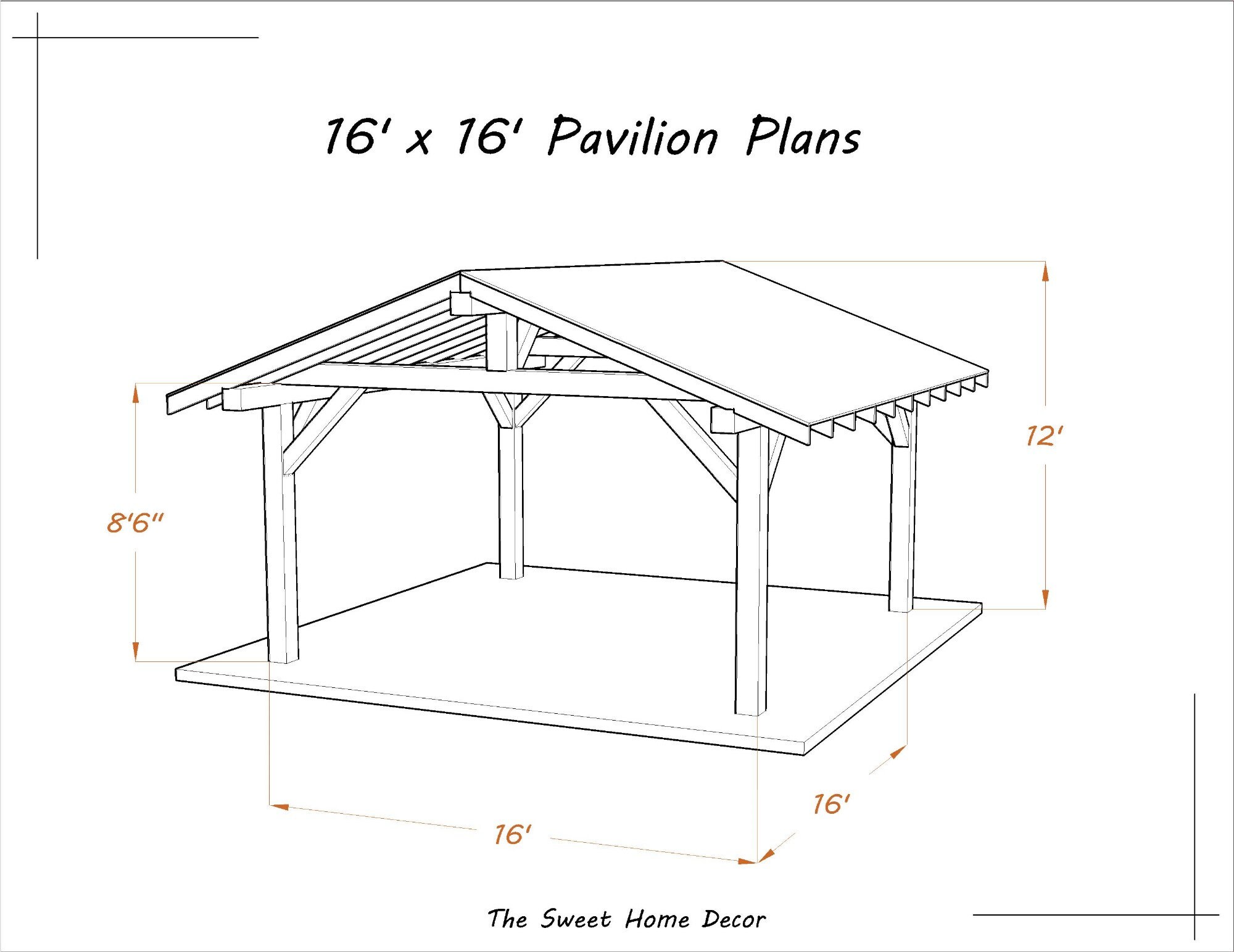 Diy 16 X 16 Gable Pavilion Plans in Pdf. Carport Plans. Square | Etsy ...