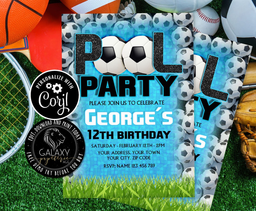 ANY AGE Soccer Pool Party Invitation, Soccer Party Invitation, Corjl ...