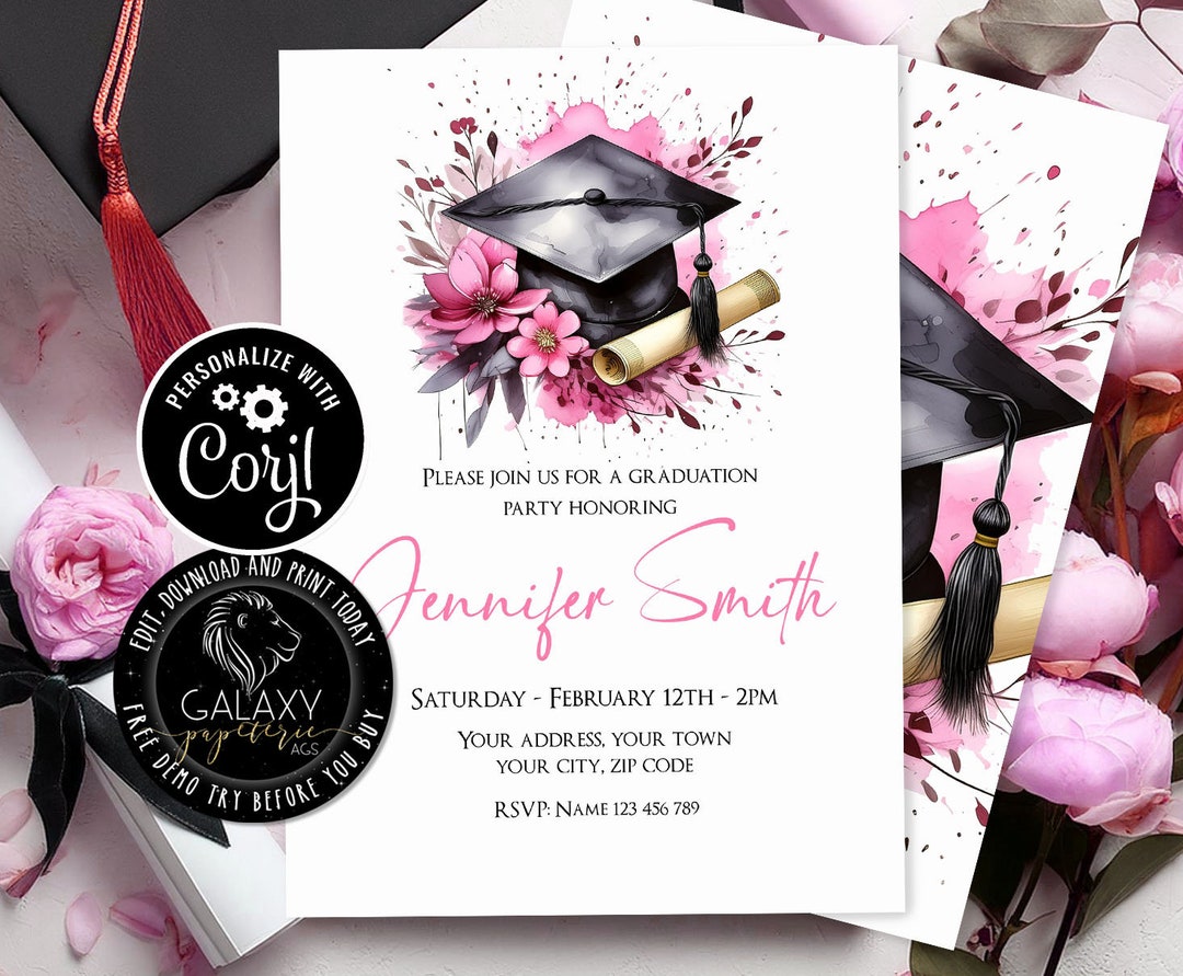 Editable Pink Graduation Invitation, Floral Graduation Invitation, Pink ...