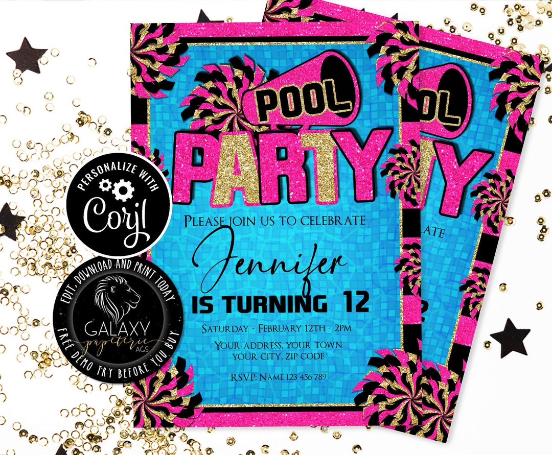 Glitter Pink Gold Cheer Pool Party Editable Invitation, Pink Black ...