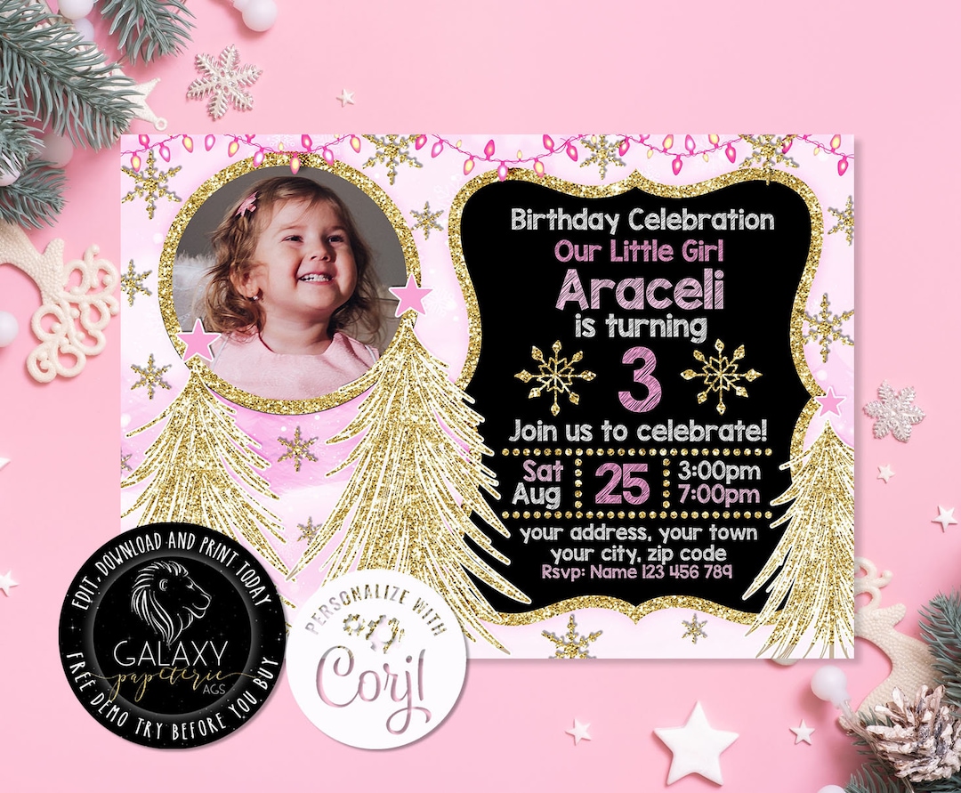 Editable Pink Christmas Invitation, Christmas Birthday Girl Invitation ...