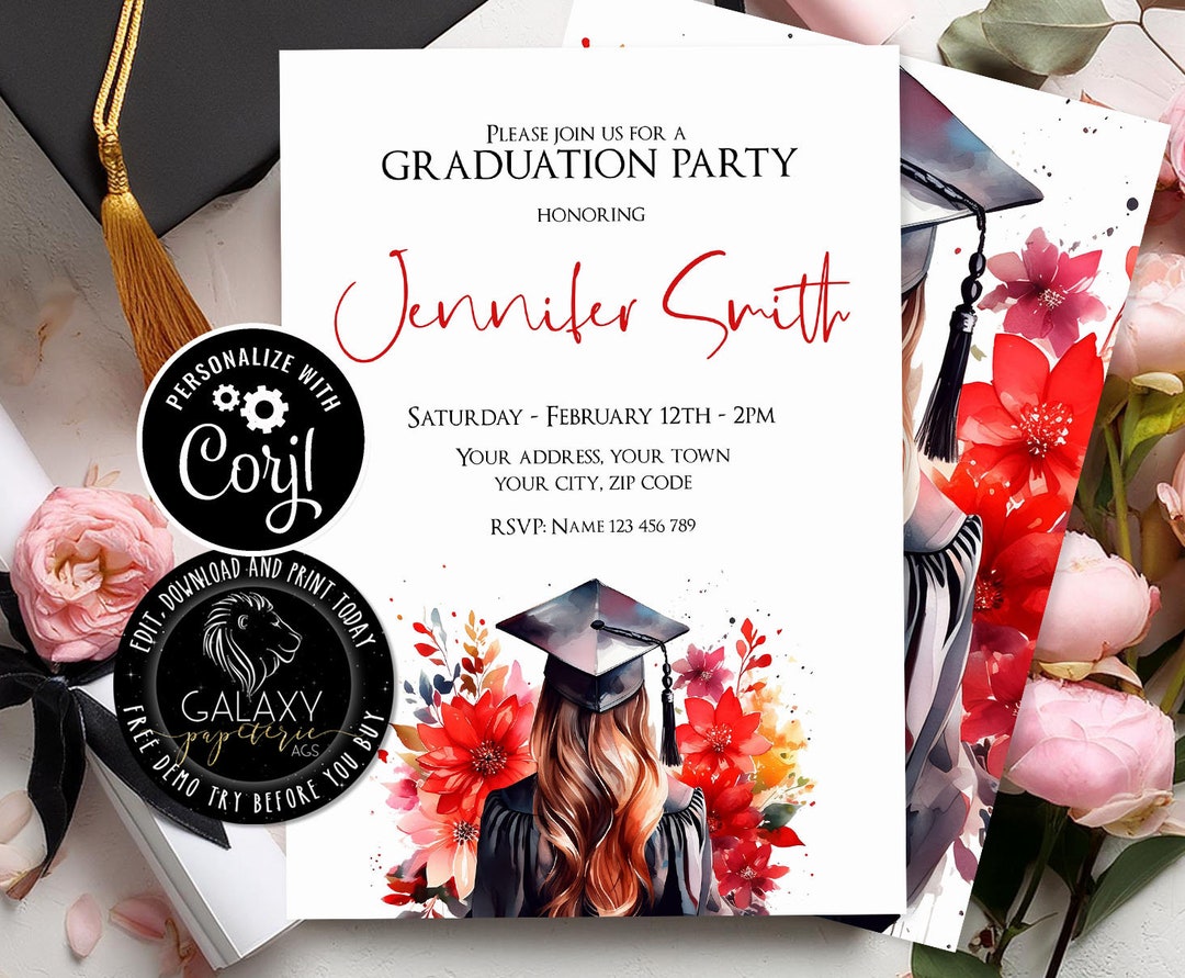 Editable Red Graduation Invitation, Floral Girl Graduation Invitation ...
