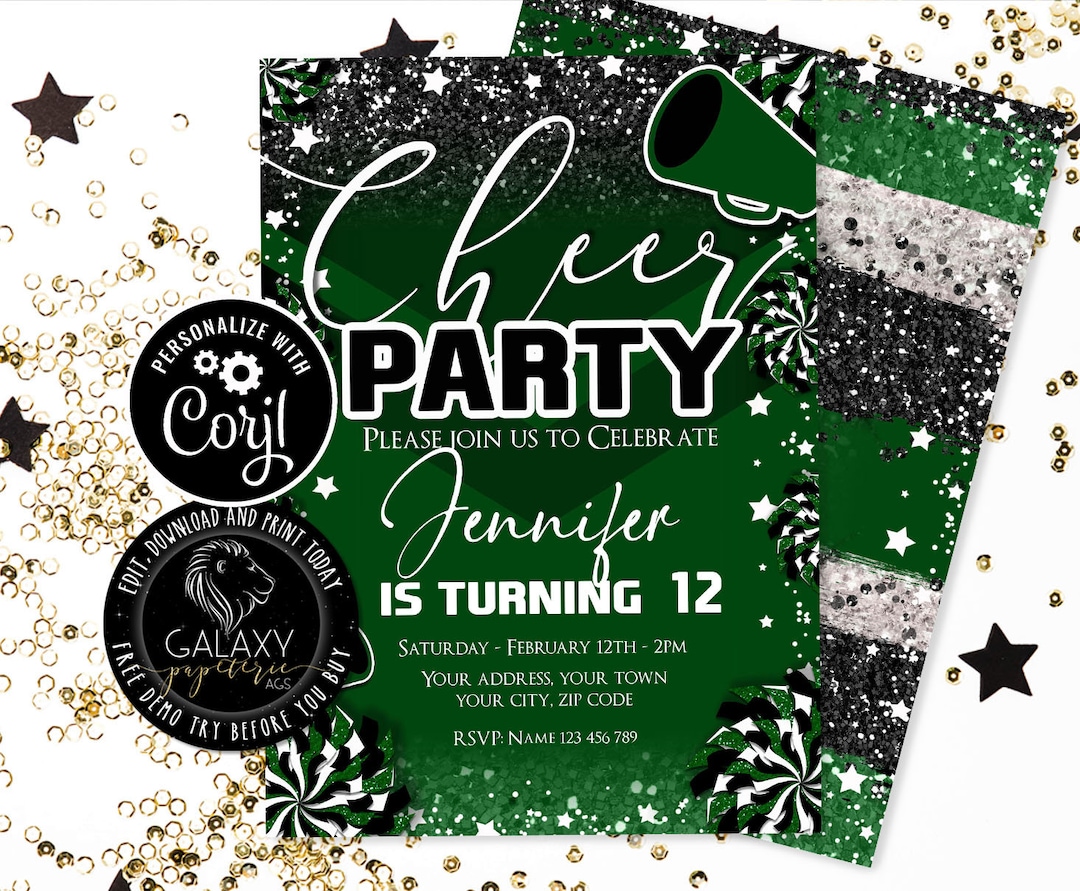 Green Cheer Editable Invitation, Cheer Party Editable Invitation ...
