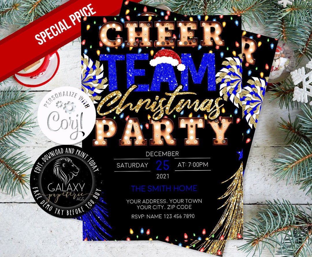 Editable Cheer Team Christmas Party Invitation, Blue Gold Cheer Holiday ...