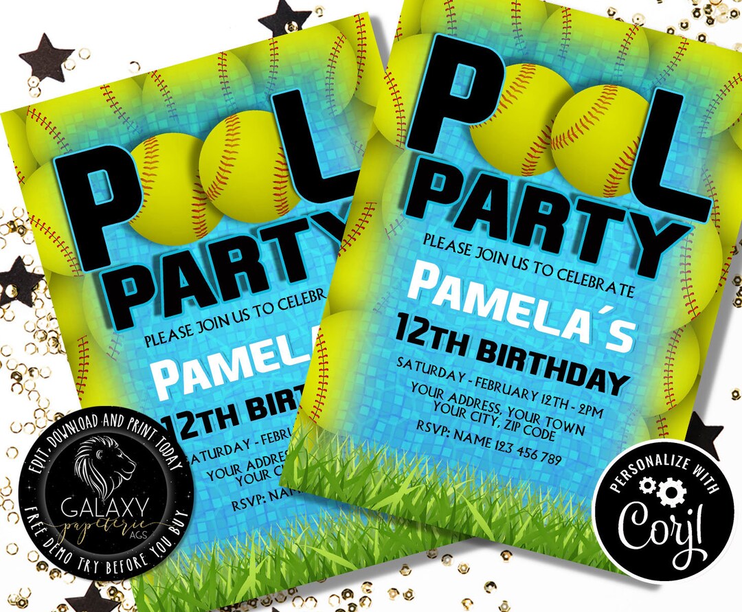ANY AGE Softball Pool Party Invitation Softball Party - Etsy