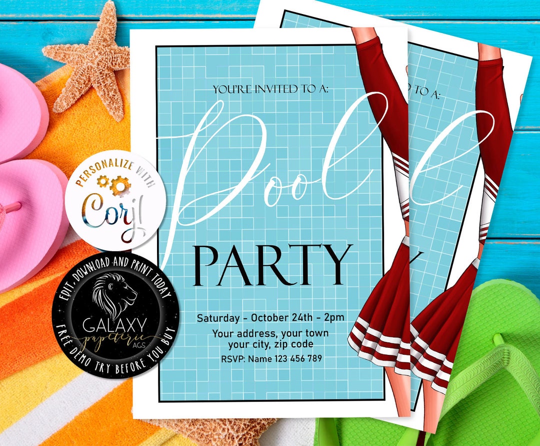 Maroon White Cheer Editable Invitation, Maroon White Pool Party Cheer ...