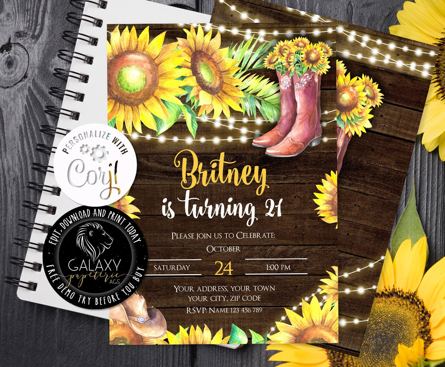 Sunflowers Editable Birthday Invitation Boho Autumn Cowgirl | Etsy