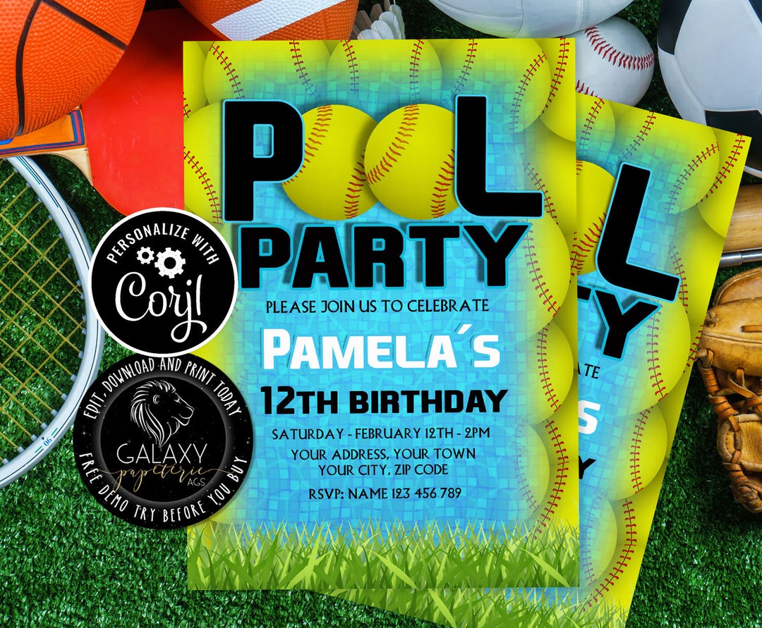 ANY AGE Softball Pool Party Invitation, Softball Party Invitation ...