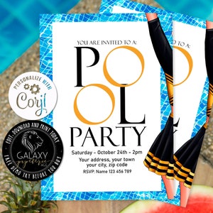 Black Gold Cheer Editable Invitation, Black Gold Pool Party Cheer Party ...